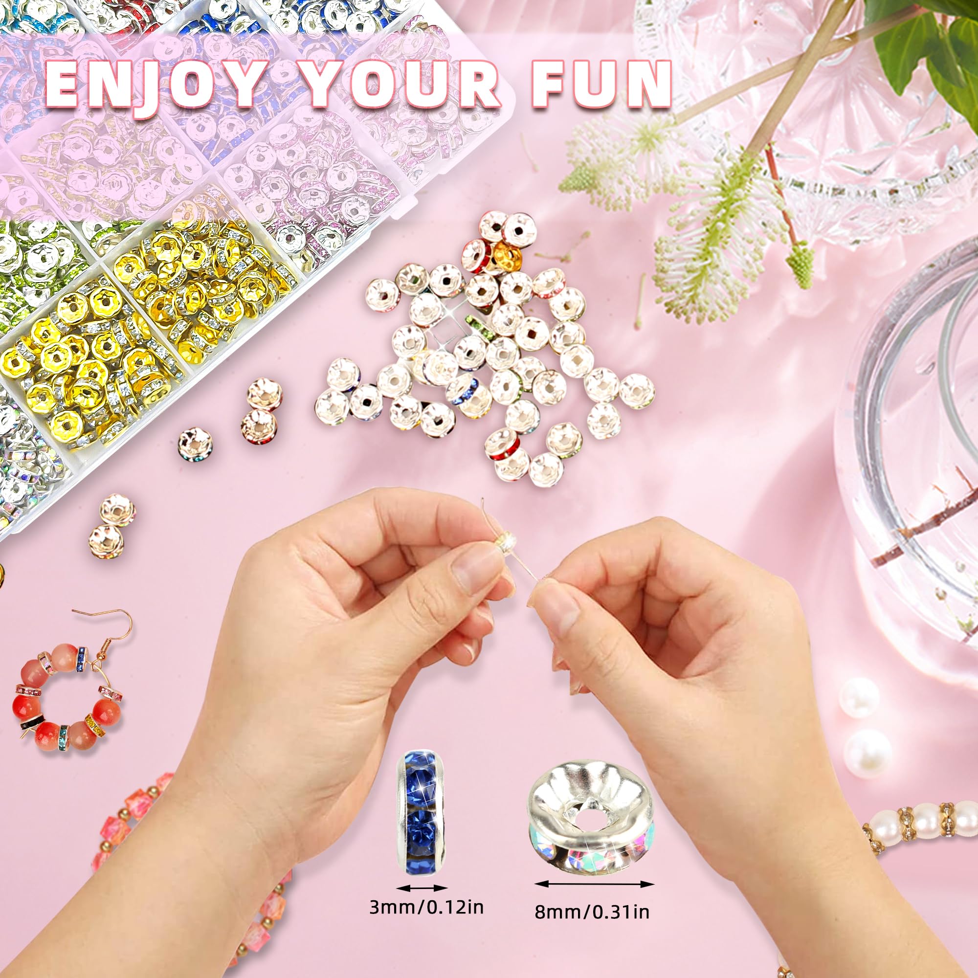1080Pcs 8mm Round Spacer Beads, Crystal Beads, Rhinestone Beads ,Beads for Jewelry Making Necklaces, Bracelet Pendants (9 Colors-8mm)