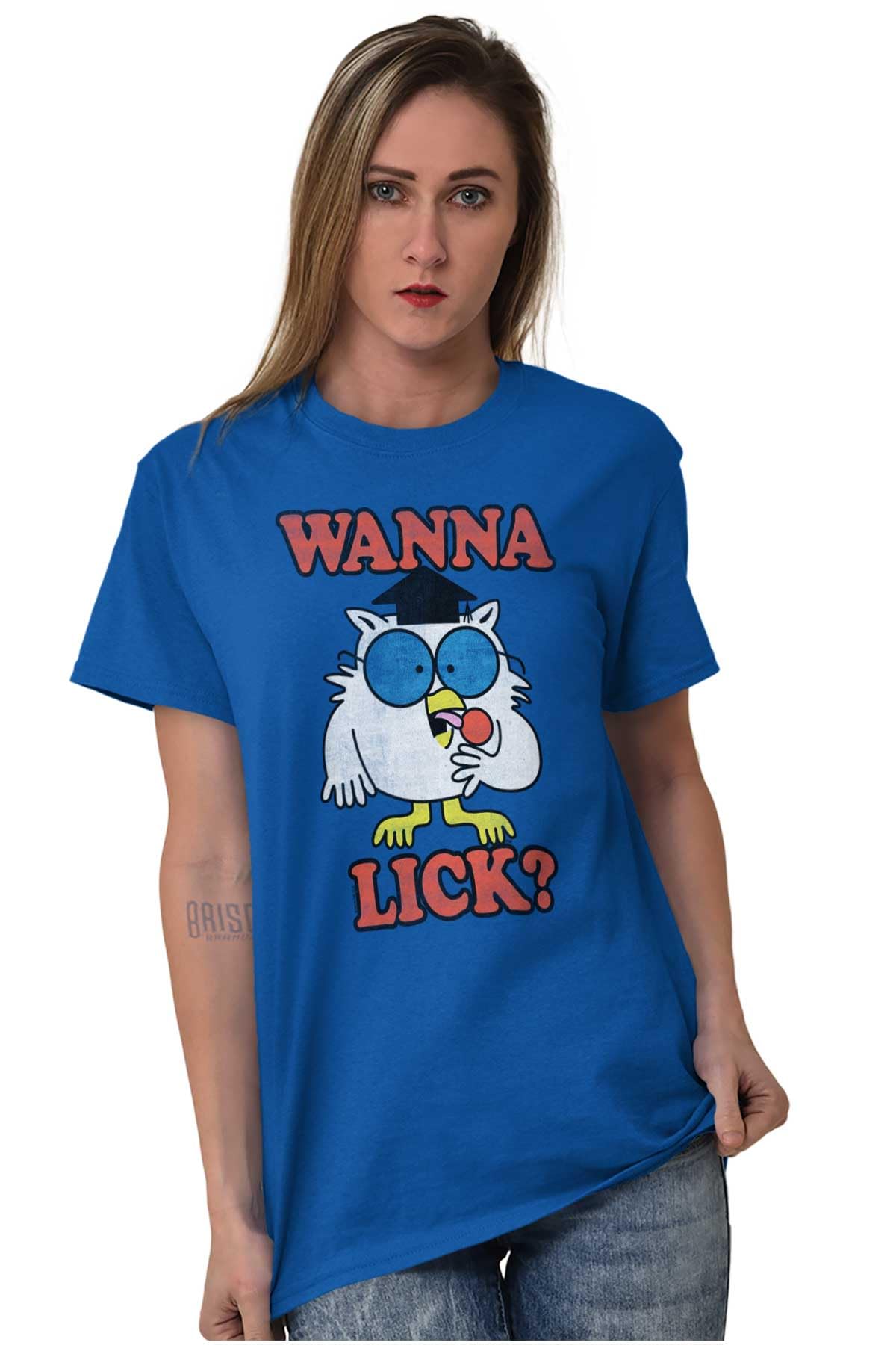 Wanna Lick Funny Mr. Owl Tootsie Pop Graphic T Shirt Men or Women Heather Sapphire