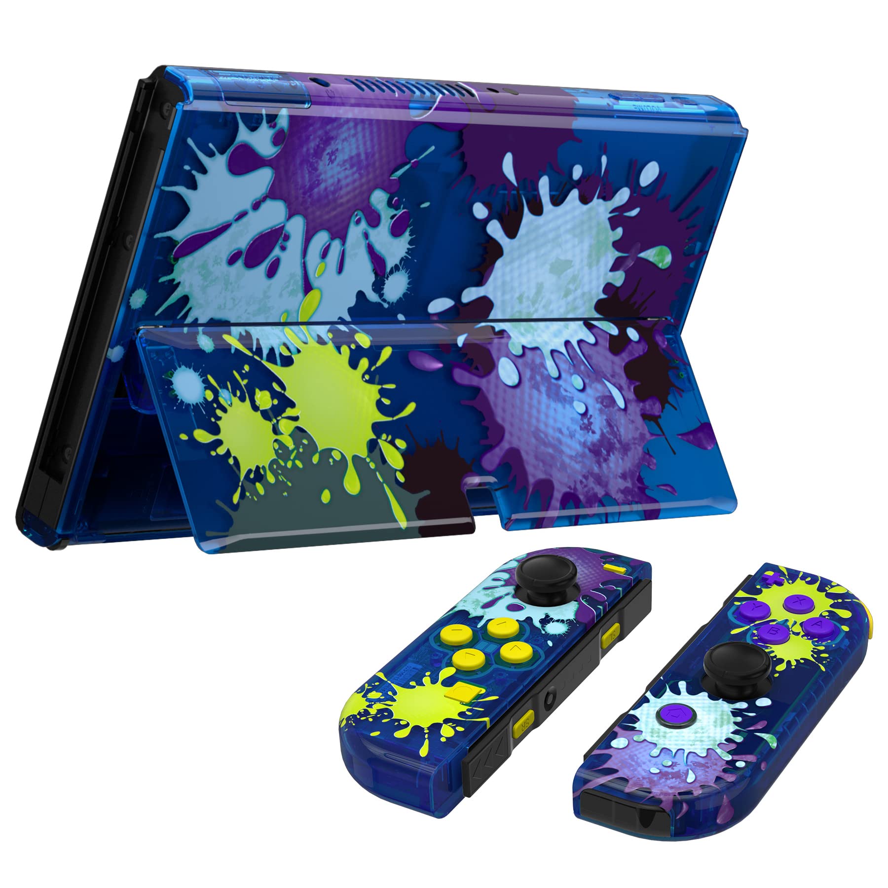 eXtremeRate DIY Full Set Shell Buttons for Nintendo Switch OLED, Replacement Console Back Plate & Kickstand, Custom Case Housing for Nintendo Switch OLED JoyCon Handheld Controller - Splattering Paint