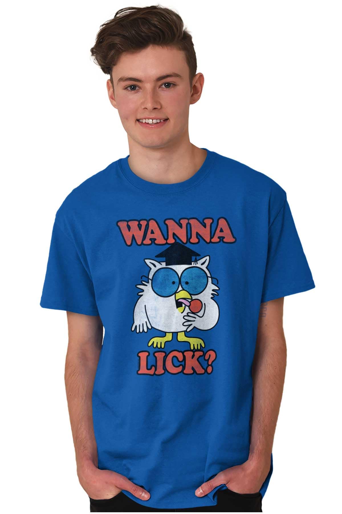 Wanna Lick Funny Mr. Owl Tootsie Pop Graphic T Shirt Men or Women Heather Sapphire