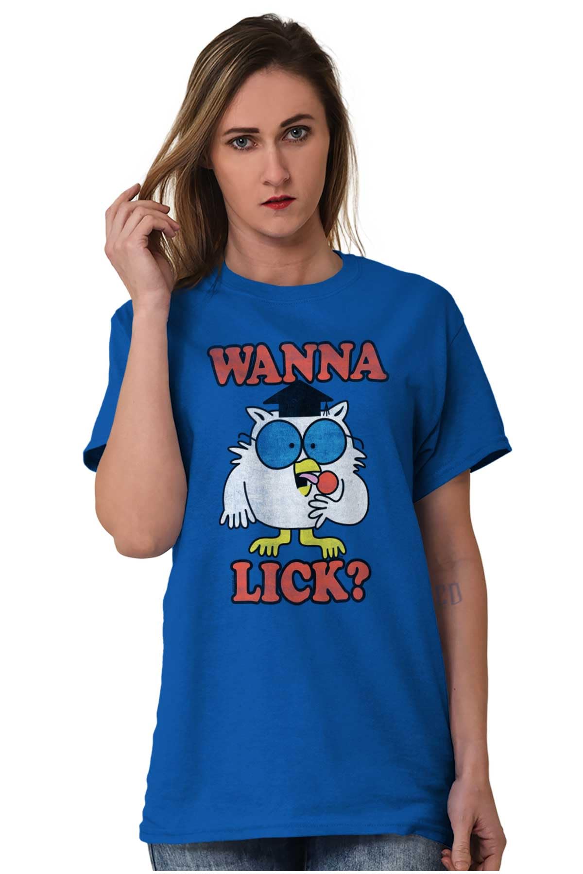 Wanna Lick Funny Mr. Owl Tootsie Pop Graphic T Shirt Men or Women Heather Sapphire