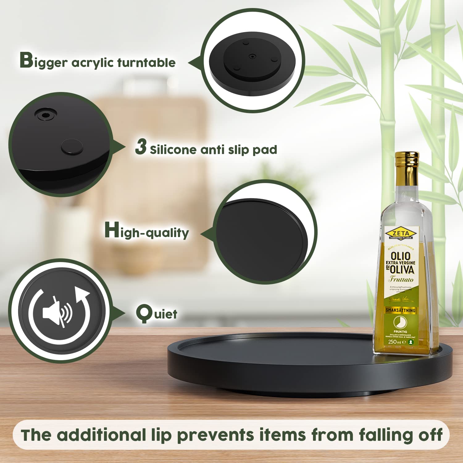 Turntable Vanity Tray 10 Inch for Perfume Candle, Bamboo Kitchen Sink Countertop Organizer for Keep Glass, Sponge and Soap Bathroom Countertop Organizer Coffee Table Decorative Tray Black