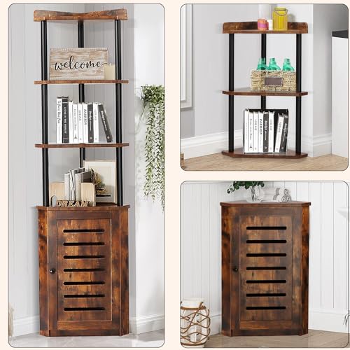 Timberer 6-Tier Corner Shelf with Storage, Corner Bookshelf, 74.2" Tall Corner Stand Display Storage Rack for Living Room, Home Office, Kitchen, Bar, Small Space, Rustic Brown and Black