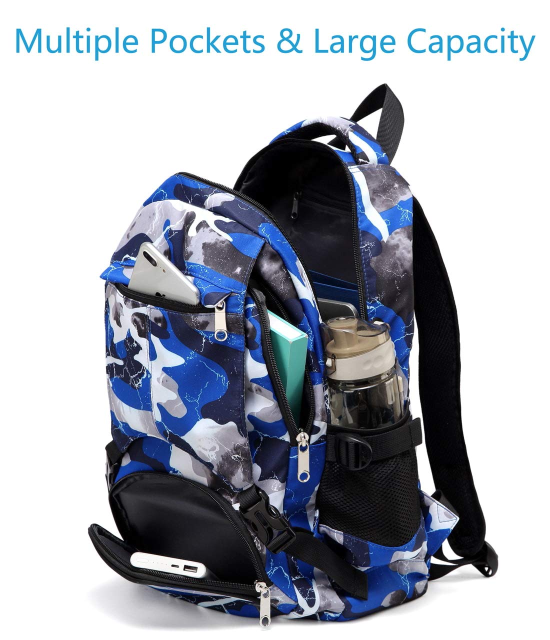BLUEFAIRY Boys Backpack for School Bookbag for Kids Elementary Middle School Bags for Teens Mochila Escolar para Niños 8-10 Back to School Gifts Large Compartment Camo Blue