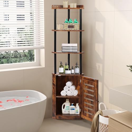 Timberer 6-Tier Corner Shelf with Storage, Corner Bookshelf, 74.2" Tall Corner Stand Display Storage Rack for Living Room, Home Office, Kitchen, Bar, Small Space, Rustic Brown and Black