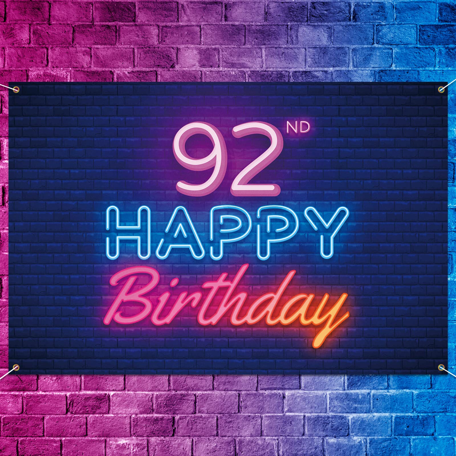 Glow Neon Happy 92nd Birthday Backdrop Banner Decor Black – Colorful Glowing 92 Years Old Birthday Party Theme Decorations for Men Women Supplies