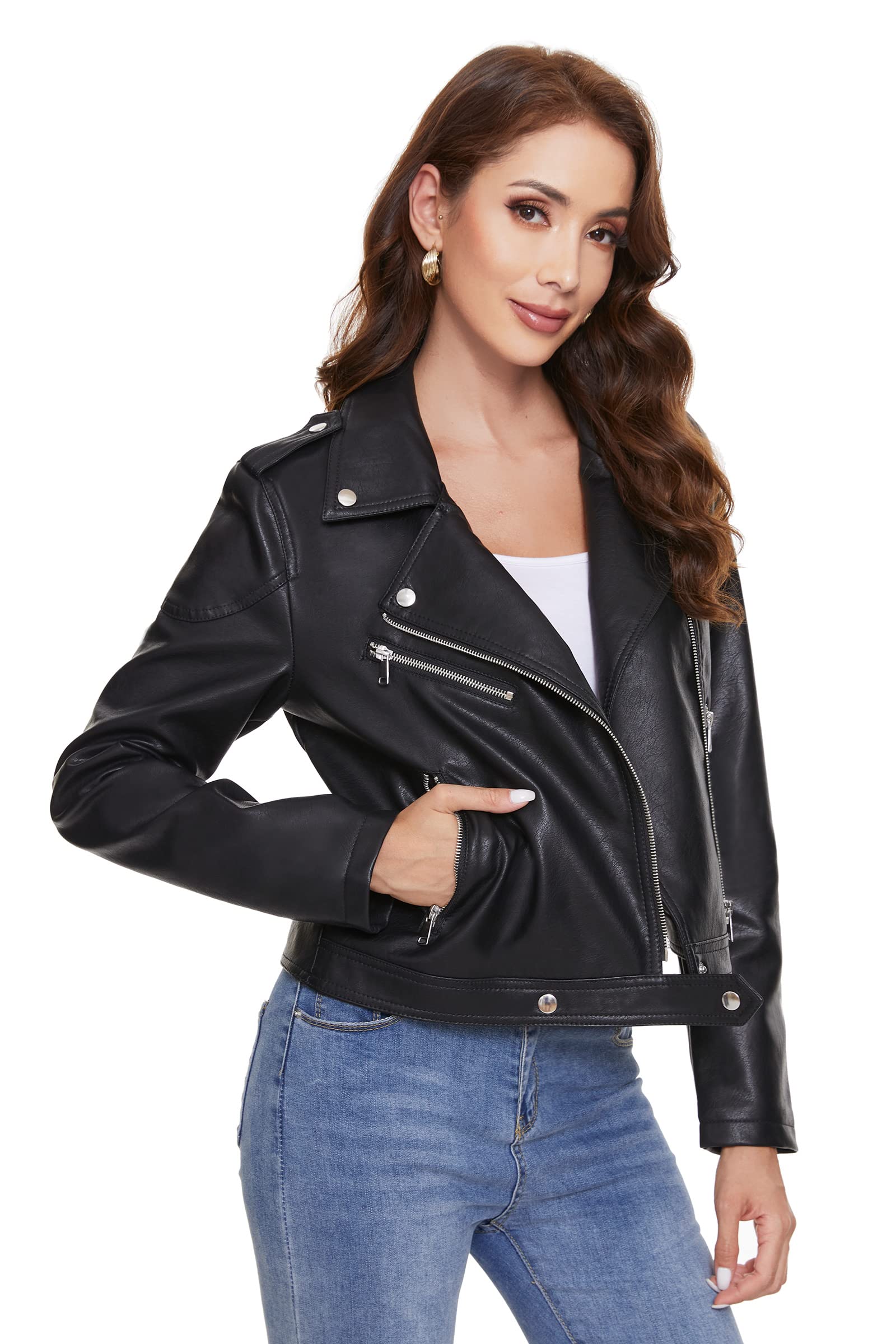 Fahsyee Women's Faux Leather Jackets, Zip Up Motorcycle Short PU Moto Biker Outwear Fitted Slim Coat Black Size L