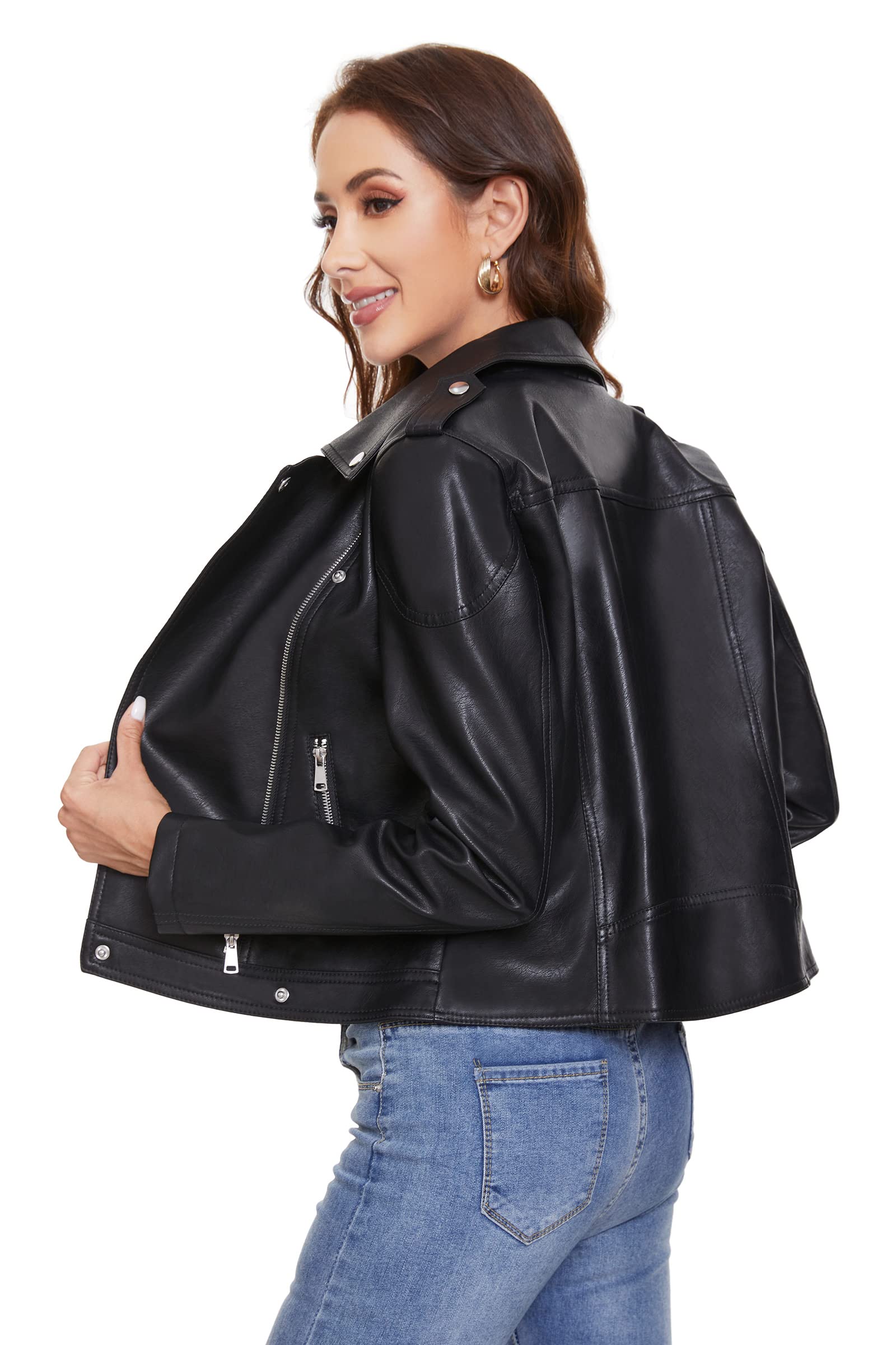 Fahsyee Women's Faux Leather Jackets, Zip Up Motorcycle Short PU Moto Biker Outwear Fitted Slim Coat Black Size L