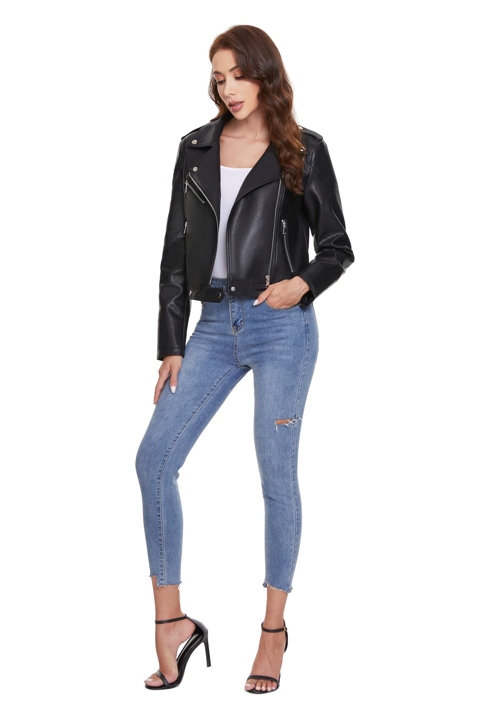 Fahsyee Women's Faux Leather Jackets, Zip Up Motorcycle Short PU Moto Biker Outwear Fitted Slim Coat Black Size L