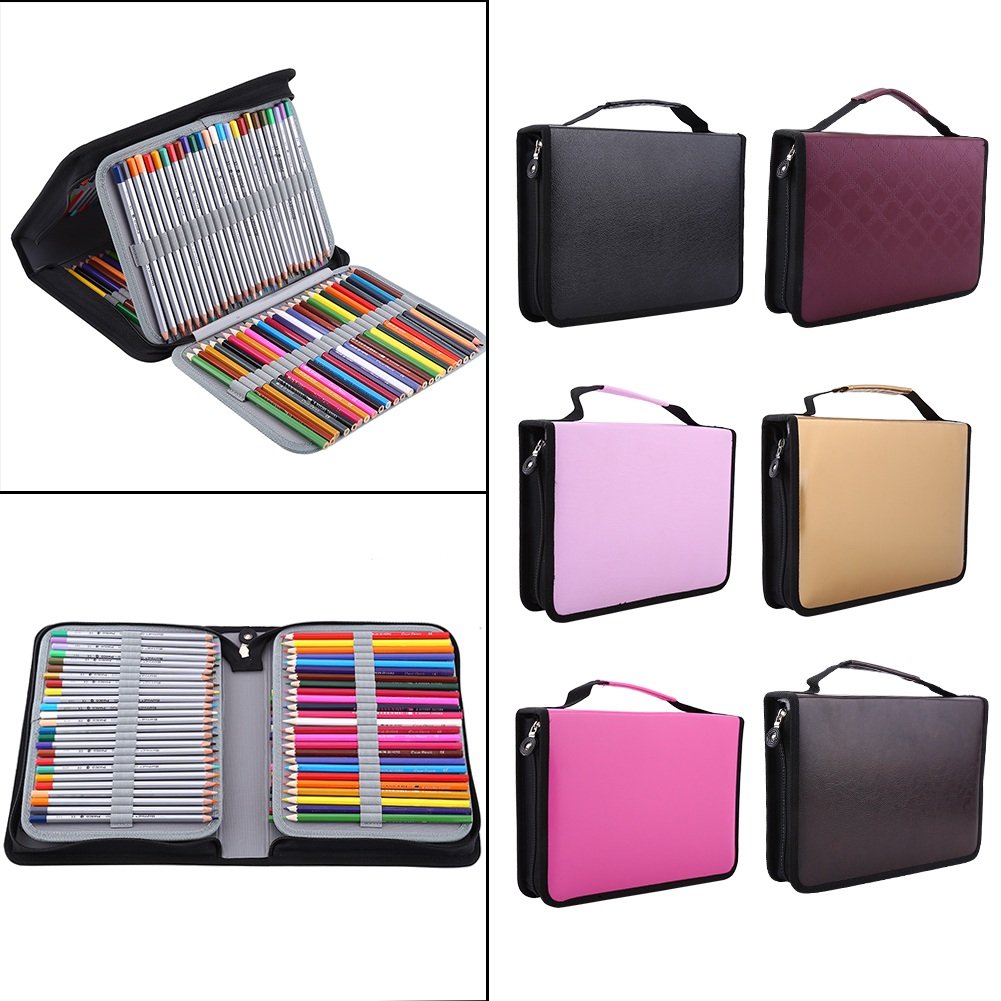 Yosoo 150 Slots PU Leather Fabric Pencil Case Large Capacity Zippered Pen Bag Pouch With Handle S Multi-Layer Art Pencils Storage Organizer Stationary Case, Gold