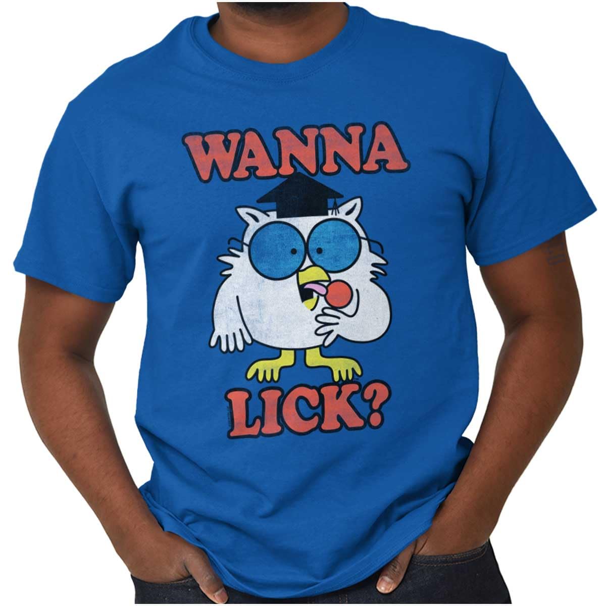 Wanna Lick Funny Mr. Owl Tootsie Pop Graphic T Shirt Men or Women Heather Sapphire