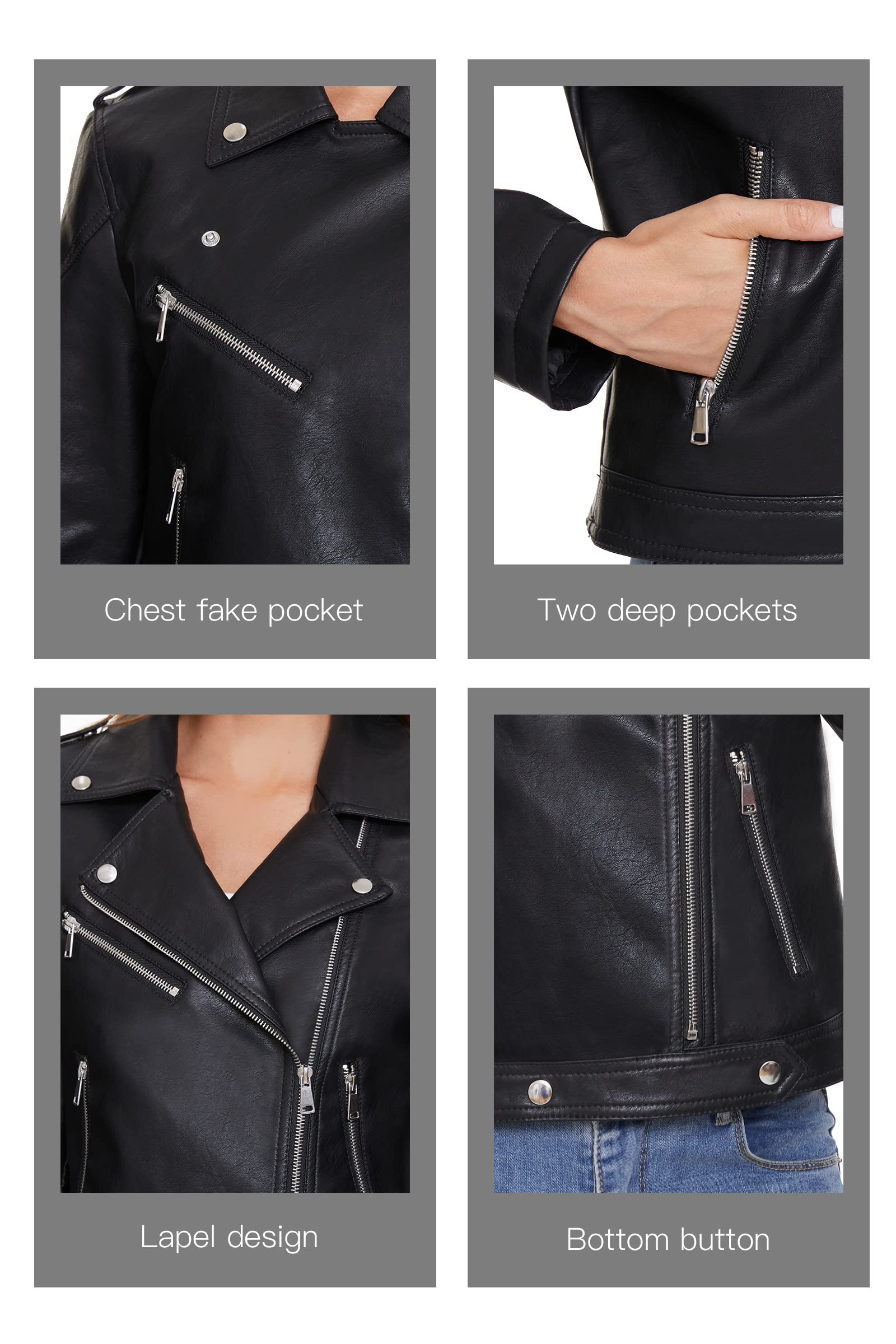 Fahsyee Women's Faux Leather Jackets, Zip Up Motorcycle Short PU Moto Biker Outwear Fitted Slim Coat Black Size L