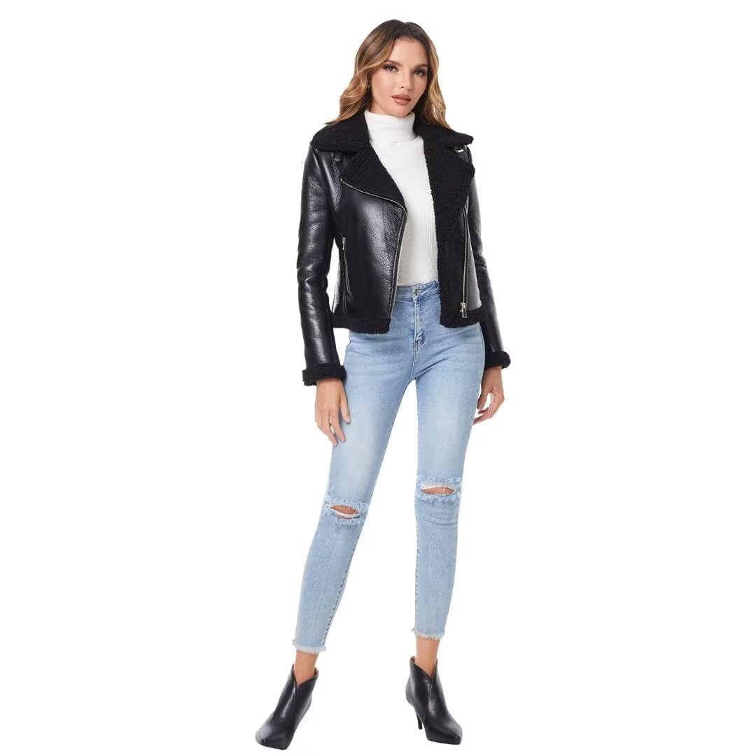 DIASHINY Women's Faux Shearing Fur Winter Coat Warm Thick Fur Lined Faux Leather Jacket (039 Black,XL)