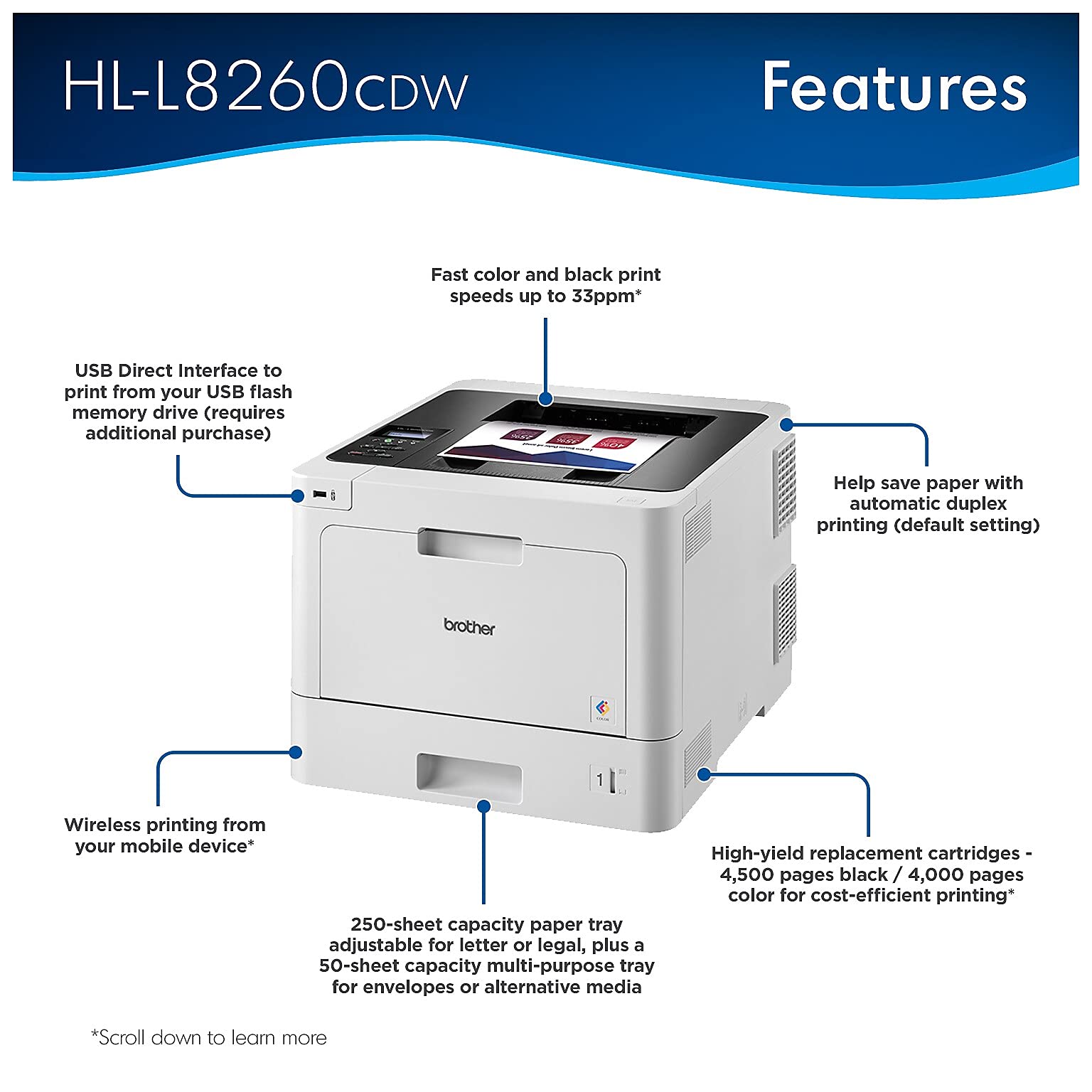 Brother HL-L8260CDW Business Color Laser Printer, Flexible Wireless Networking, Mobile Printing, Speed Up to 33ppm, Automatic Duplex Printing, 2400 x 600 dpi, 250-sheet Capacity, Ethernet, White
