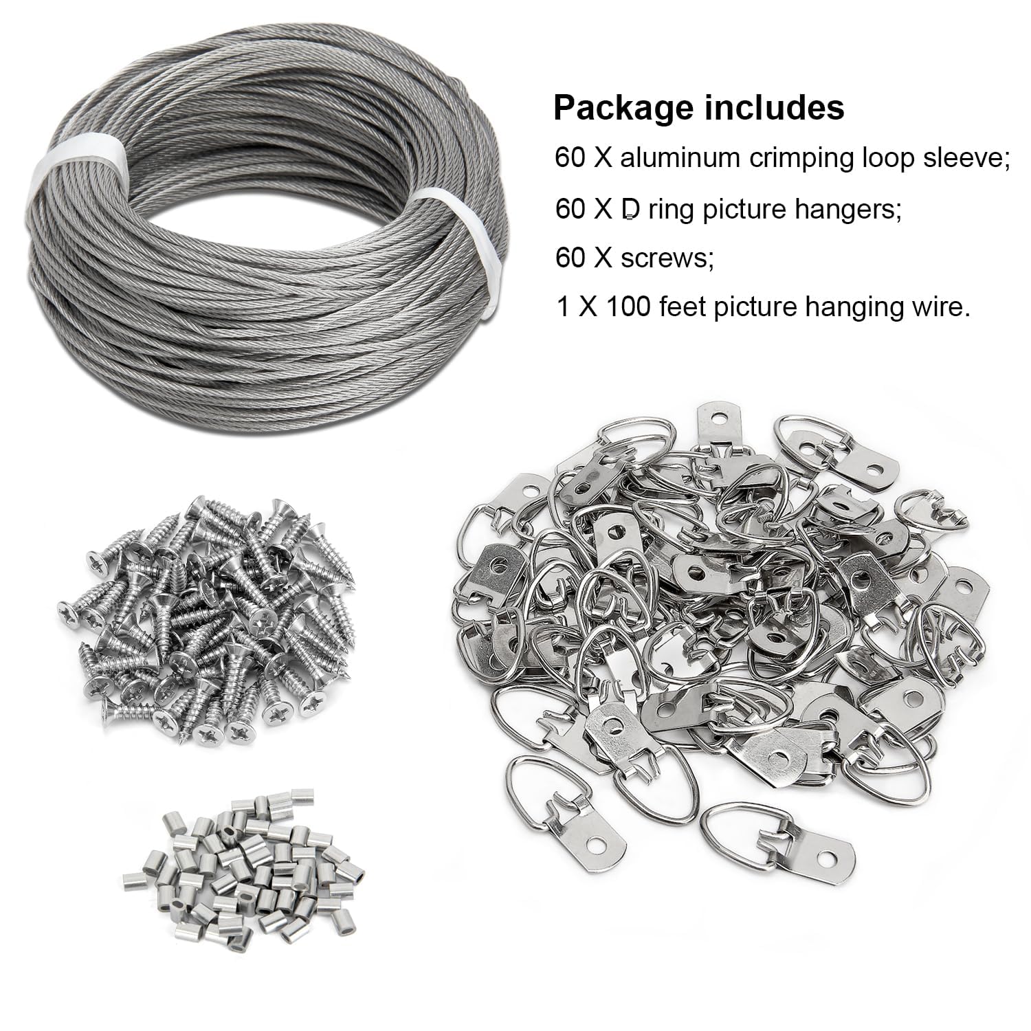 Picture Hanging Kit - 100 Feet Stainless Steel Hanging Wire, 60 Pcs D Ring Picture Hangers with Screws and 60 Pcs Aluminum Crimping Loop Sleeve for Hanging Paintings Photos