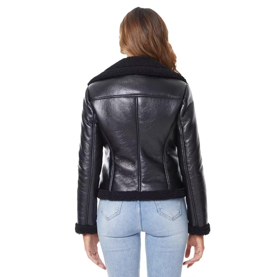 DIASHINY Women's Faux Shearing Fur Winter Coat Warm Thick Fur Lined Faux Leather Jacket (039 Black,XL)