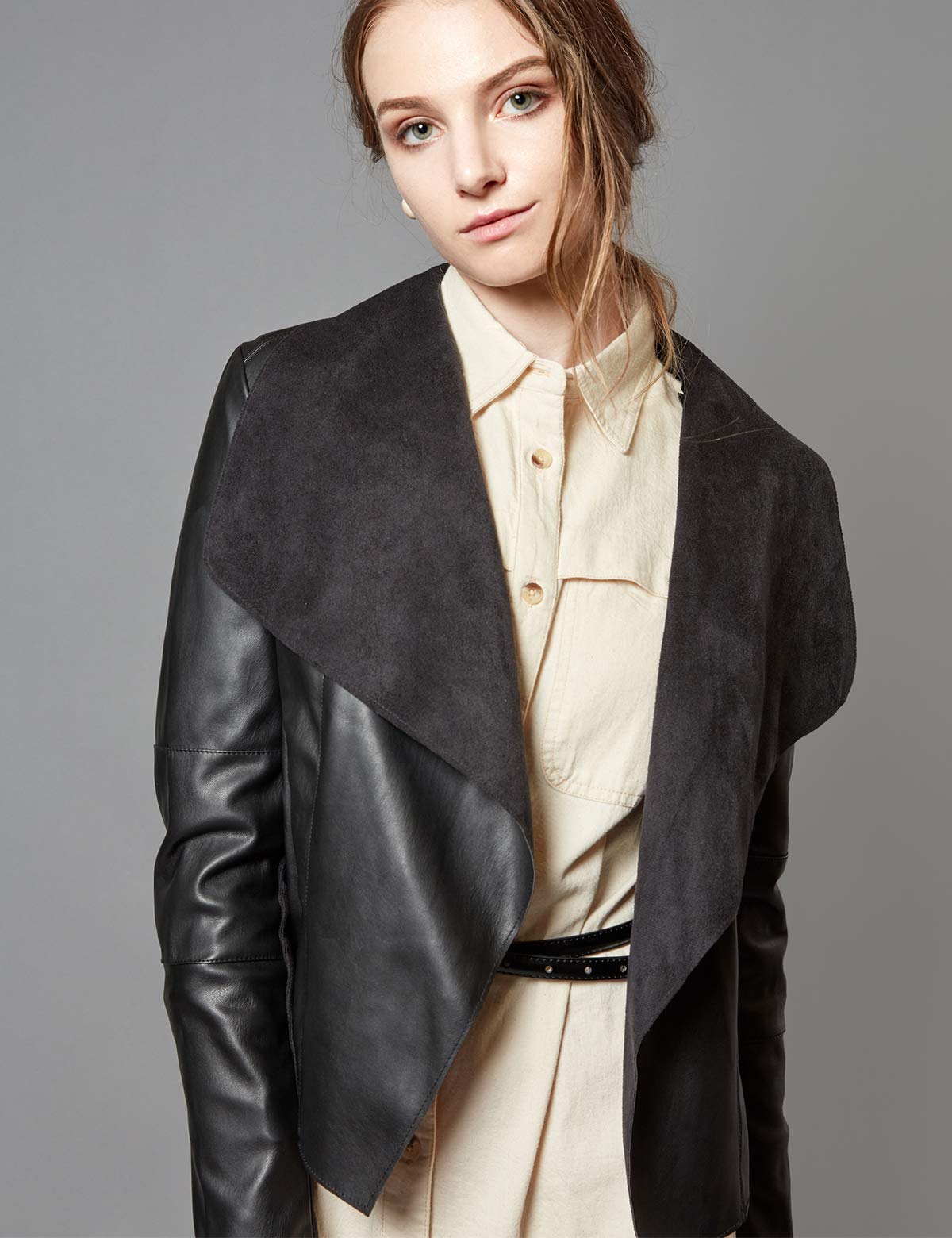Escalier Women's Faux Leather Jackets Slim Open Front Lapel Blazer Jackets Black Medium