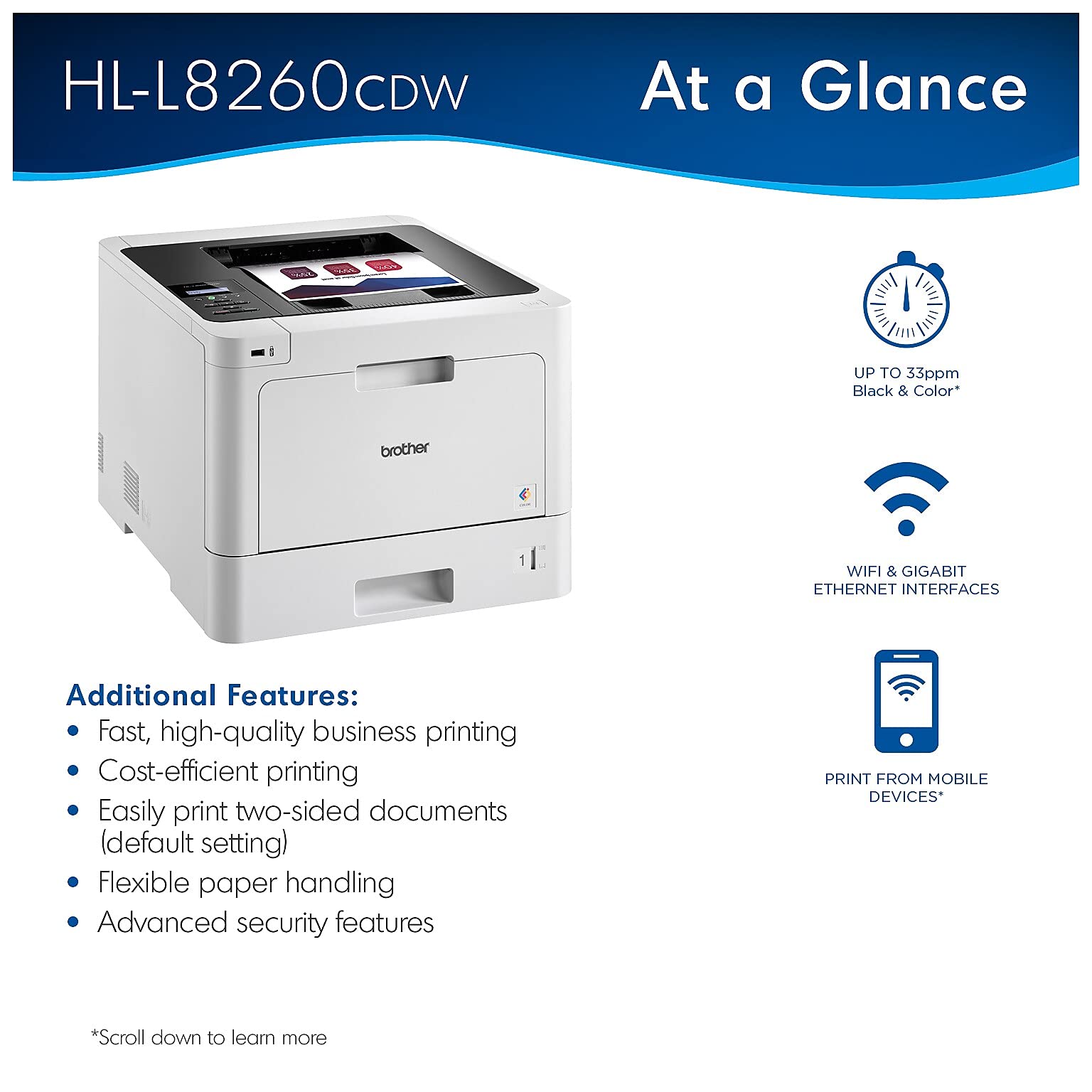 Brother HL-L8260CDW Business Color Laser Printer, Flexible Wireless Networking, Mobile Printing, Speed Up to 33ppm, Automatic Duplex Printing, 2400 x 600 dpi, 250-sheet Capacity, Ethernet, White