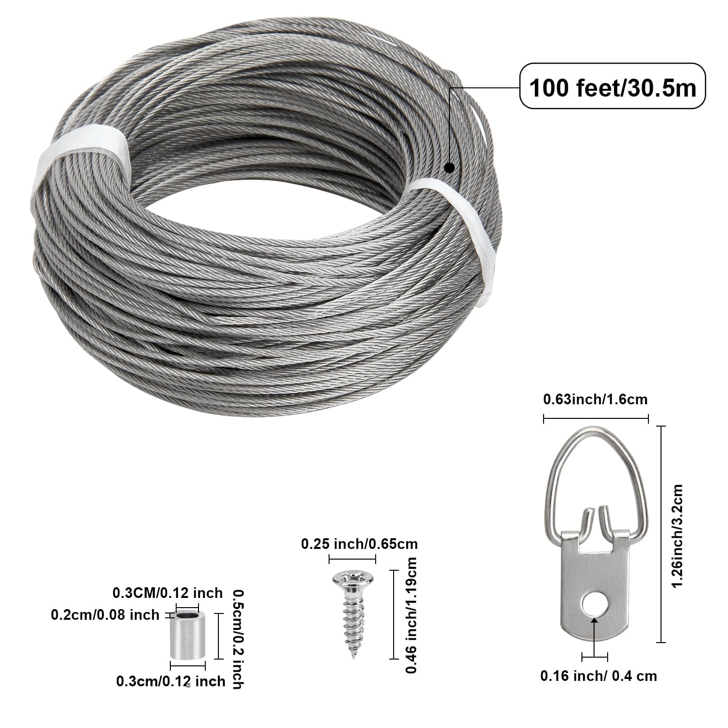 Picture Hanging Kit - 100 Feet Stainless Steel Hanging Wire, 60 Pcs D Ring Picture Hangers with Screws and 60 Pcs Aluminum Crimping Loop Sleeve for Hanging Paintings Photos