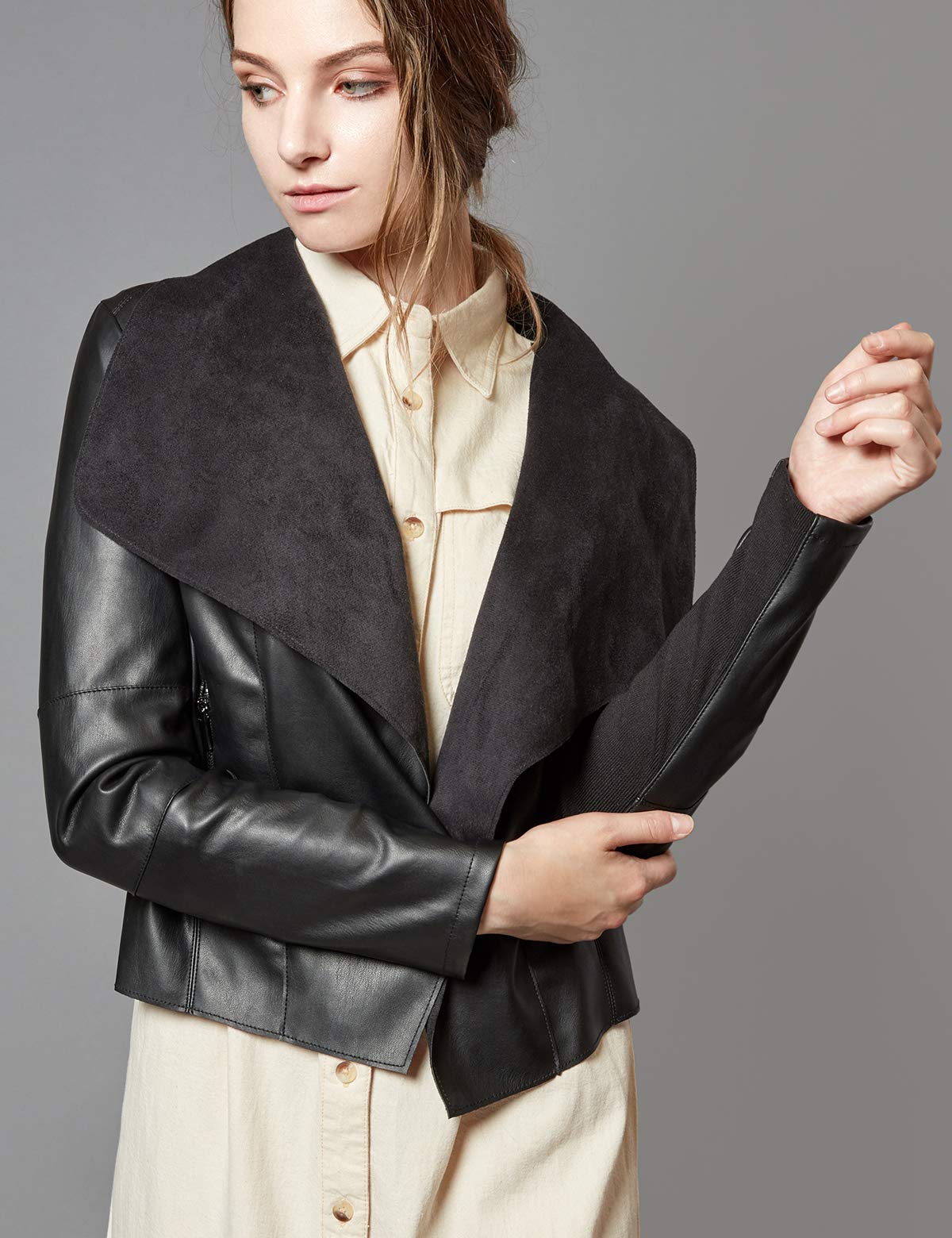 Escalier Women's Faux Leather Jackets Slim Open Front Lapel Blazer Jackets Black Medium