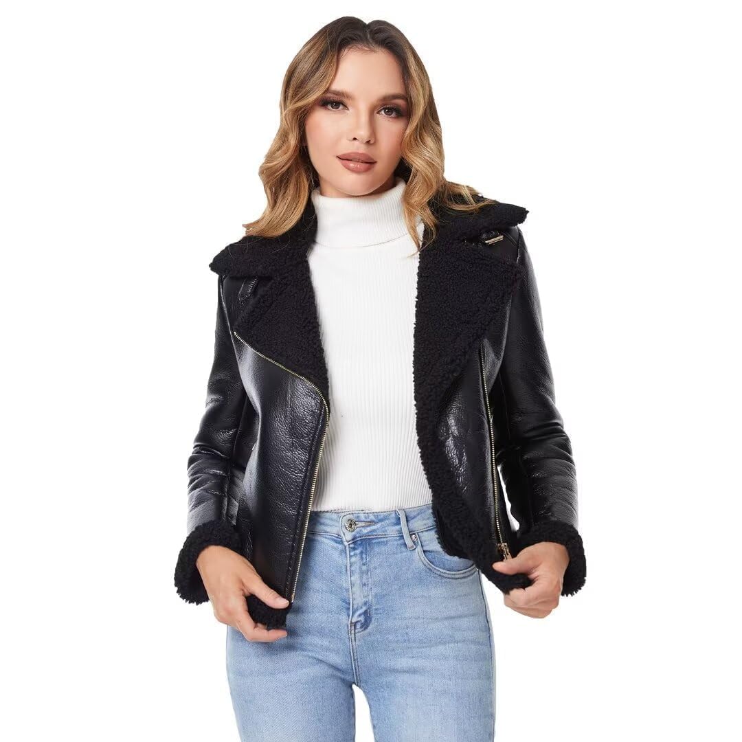 DIASHINY Women's Faux Shearing Fur Winter Coat Warm Thick Fur Lined Faux Leather Jacket (039 Black,XL)