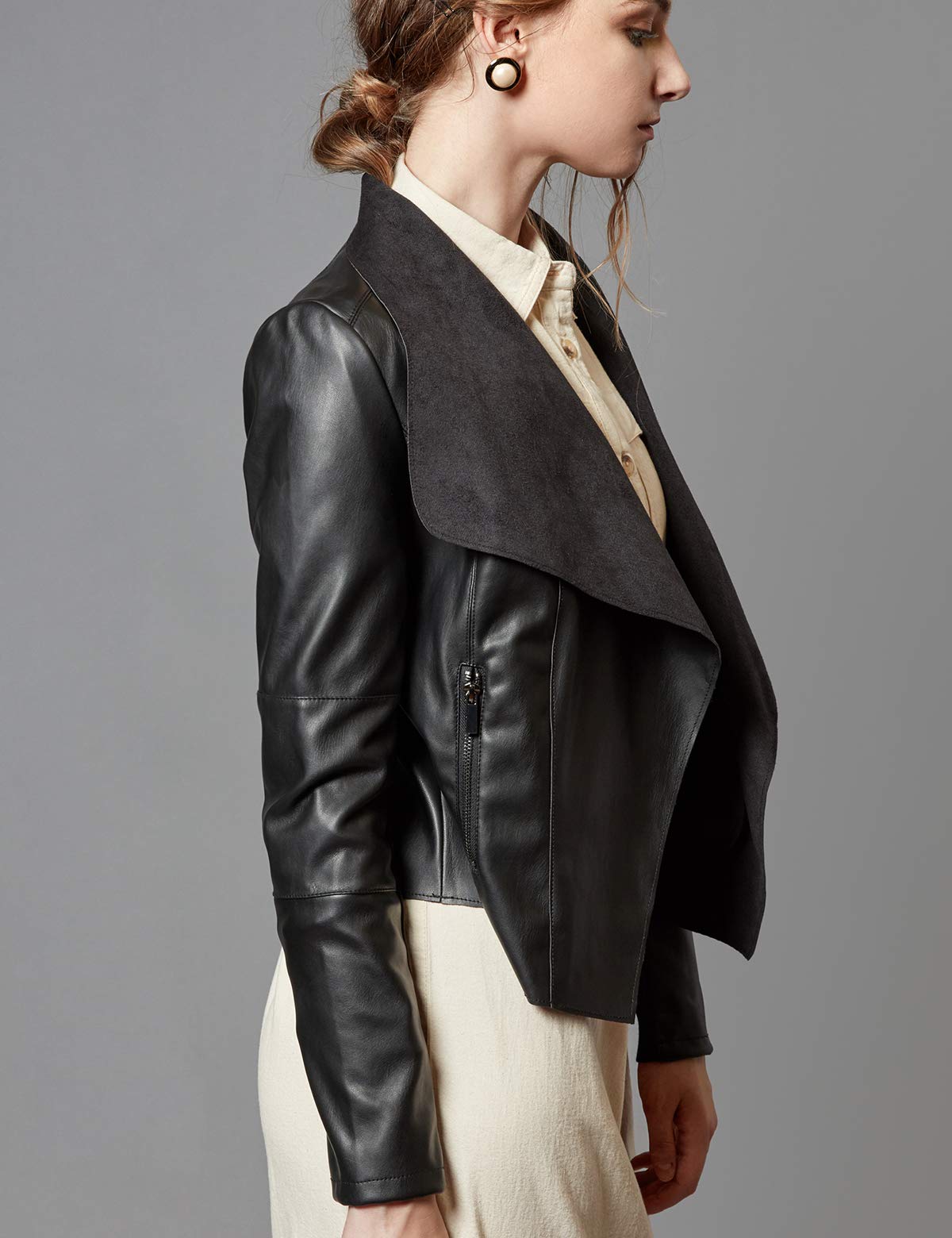 Escalier Women's Faux Leather Jackets Slim Open Front Lapel Blazer Jackets Black Medium