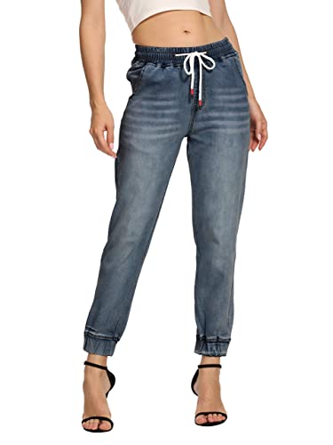 V VOCNI Women's Joggers Denim Sport Fit Drawstring Waist Side Pockets Casual Jeans Dark Blue X-Large