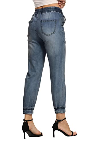 V VOCNI Women's Joggers Denim Sport Fit Drawstring Waist Side Pockets Casual Jeans Dark Blue X-Large