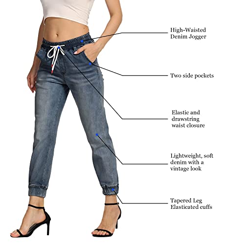 V VOCNI Women's Joggers Denim Sport Fit Drawstring Waist Side Pockets Casual Jeans Dark Blue X-Large