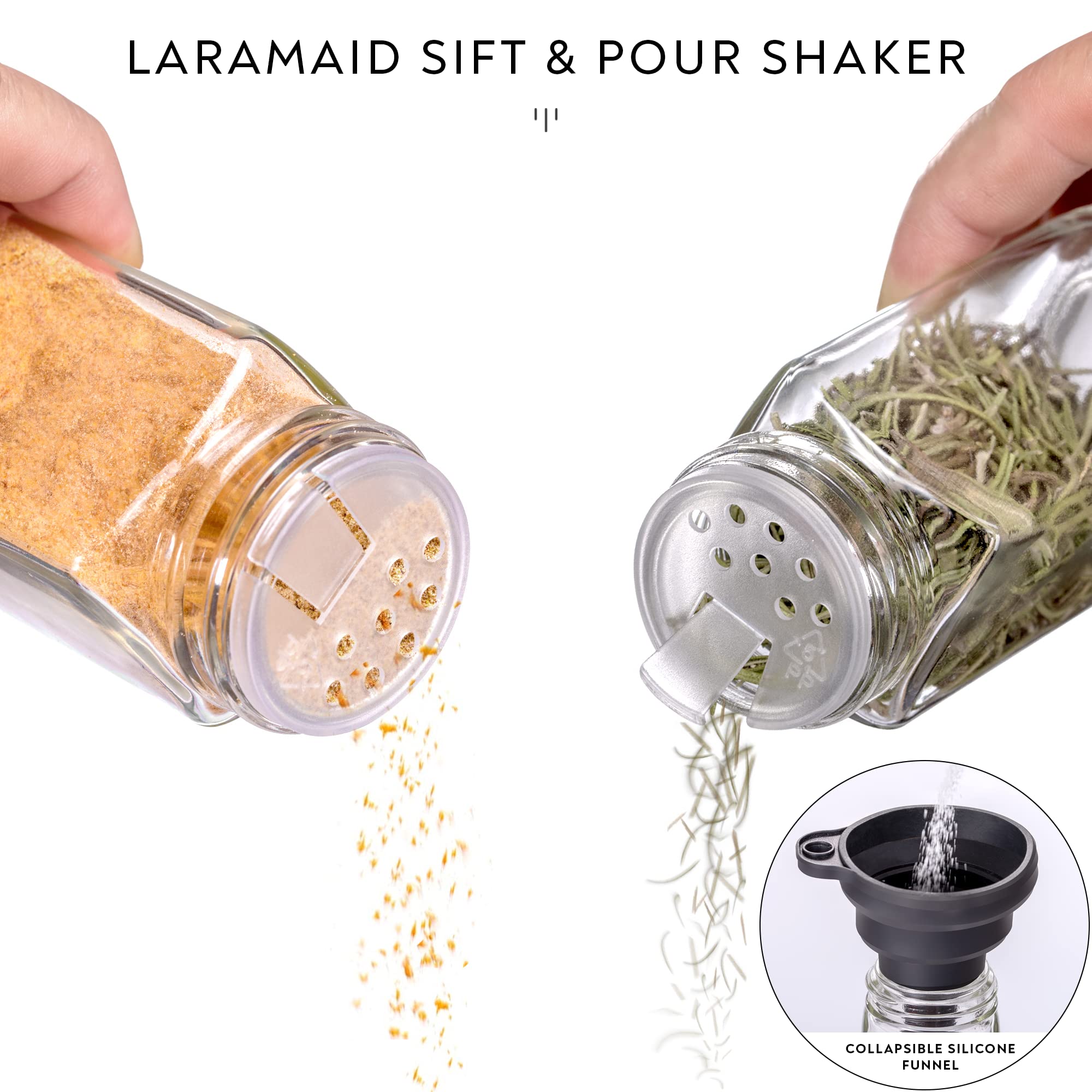 Laramaid 4oz 24Pack Spice Jars with 455 Black Vinyl Spice Labels, Shaker Lids Dispenser with Airtight Black Metal Caps, Cleaning Brush and Collapsible Silicone Funnel Complete Set