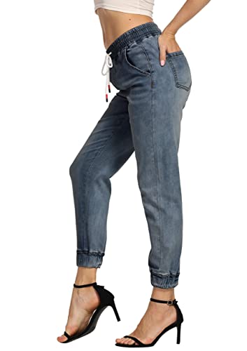 V VOCNI Women's Joggers Denim Sport Fit Drawstring Waist Side Pockets Casual Jeans Dark Blue X-Large