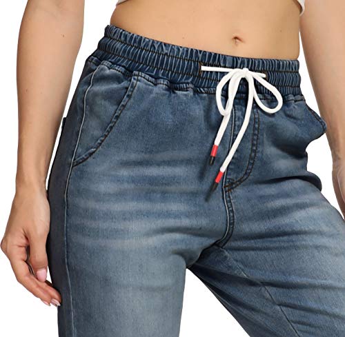 V VOCNI Women's Joggers Denim Sport Fit Drawstring Waist Side Pockets Casual Jeans Dark Blue X-Large