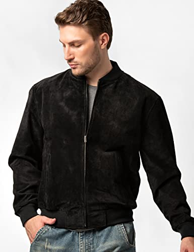FLAVOR Men's Leather Baseball Jacket Vintage Suede Pigskin (X-Large, Black)