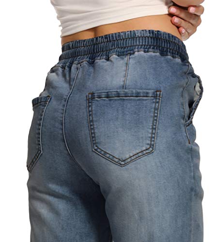 V VOCNI Women's Joggers Denim Sport Fit Drawstring Waist Side Pockets Casual Jeans Dark Blue X-Large
