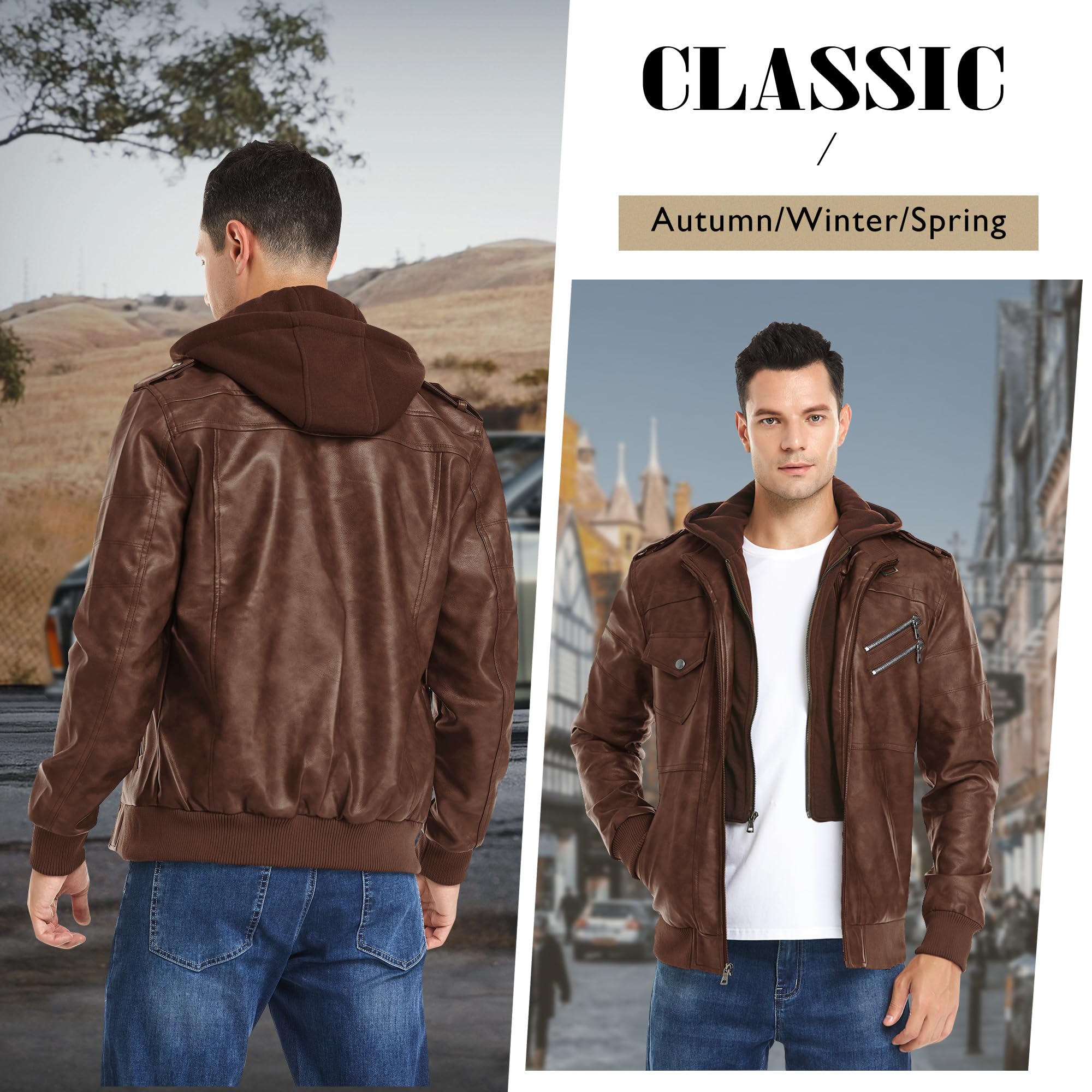 JYG Men's Faux Leather Jacket Stand Collar Motorcycle Bomber Jackets with Removable Hood (Brown,M)