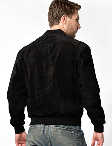FLAVOR Men's Leather Baseball Jacket Vintage Suede Pigskin (X-Large, Black)