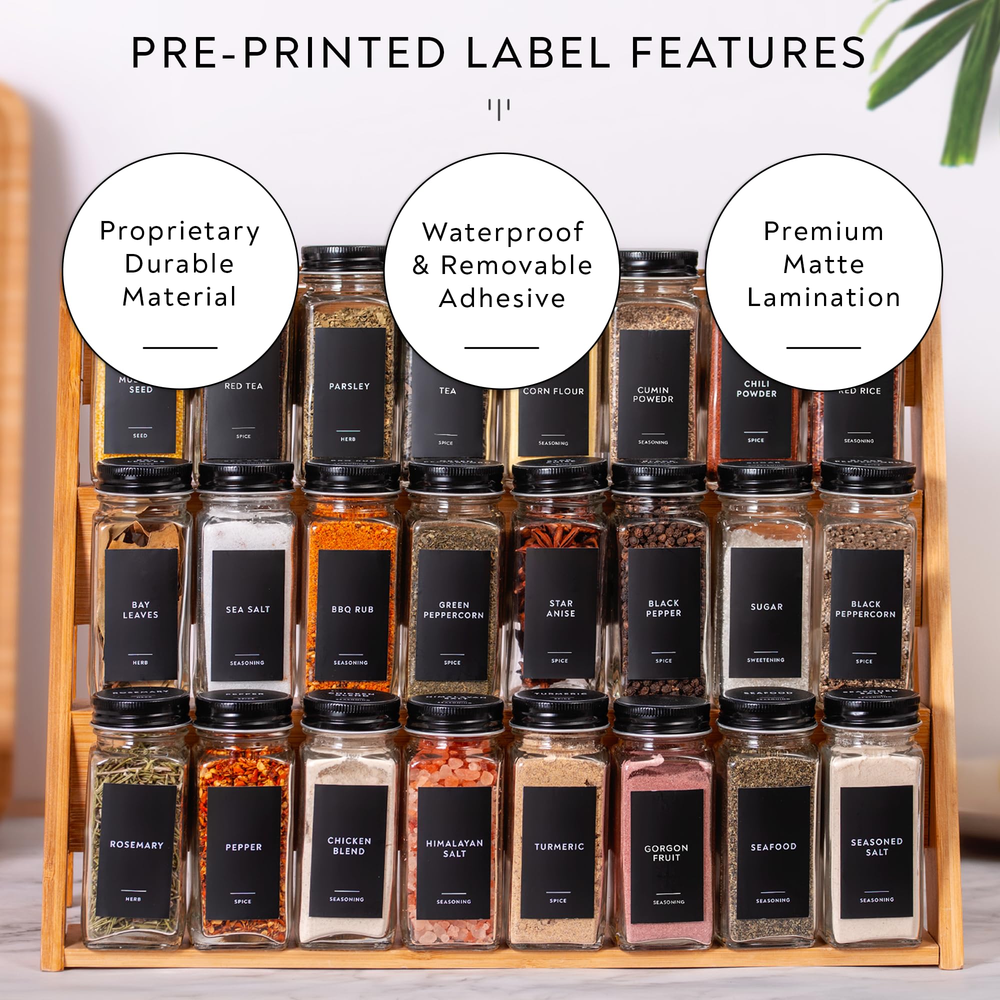 Laramaid 4oz 24Pack Spice Jars with 455 Black Vinyl Spice Labels, Shaker Lids Dispenser with Airtight Black Metal Caps, Cleaning Brush and Collapsible Silicone Funnel Complete Set