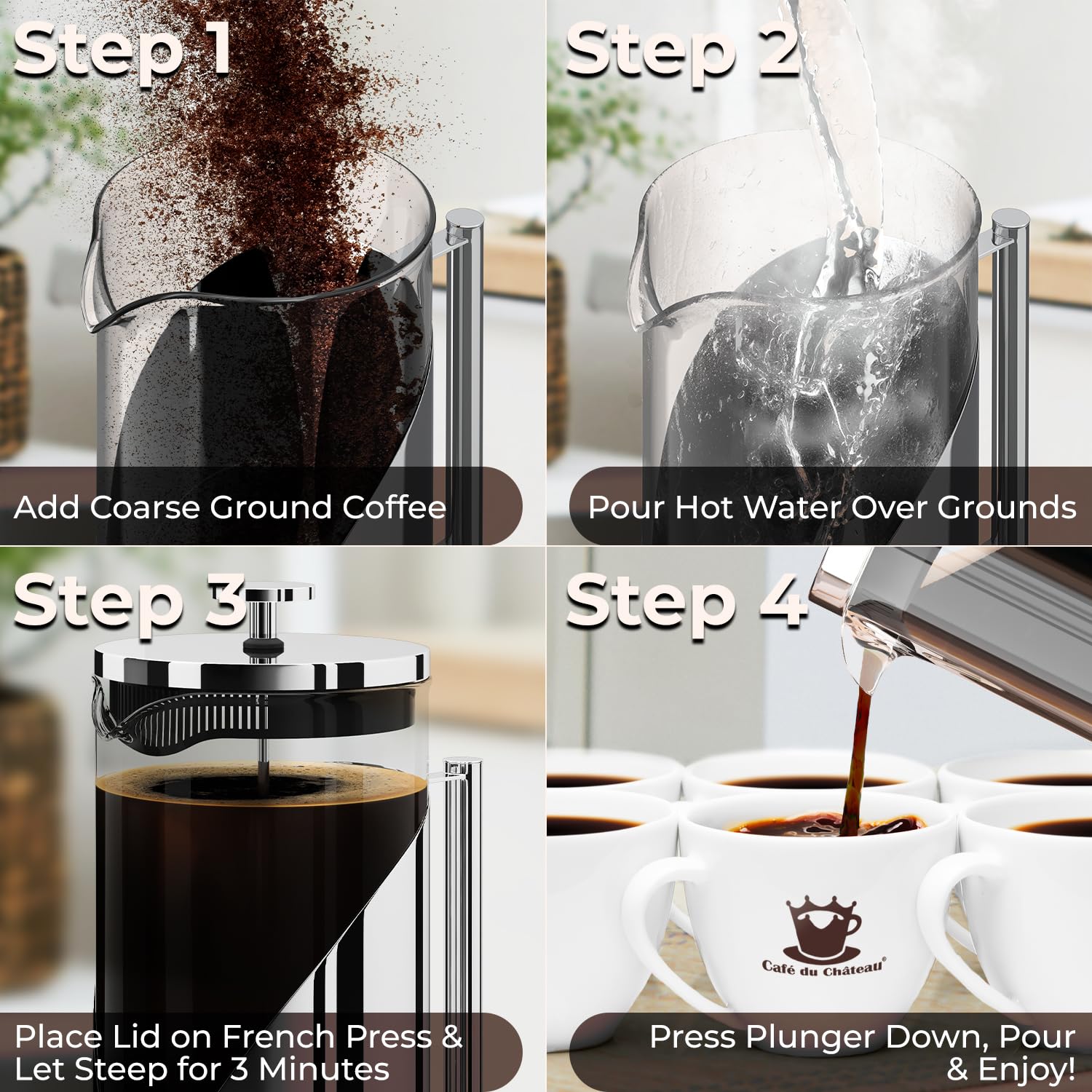 Cafe Du Chateau French Press Coffee Maker - Heat Resistant Glass with 4 Level Filtration System, Stainless Steel Housing - Brews Coffee and Tea - Large 34 Oz Carafe Coffee Presser