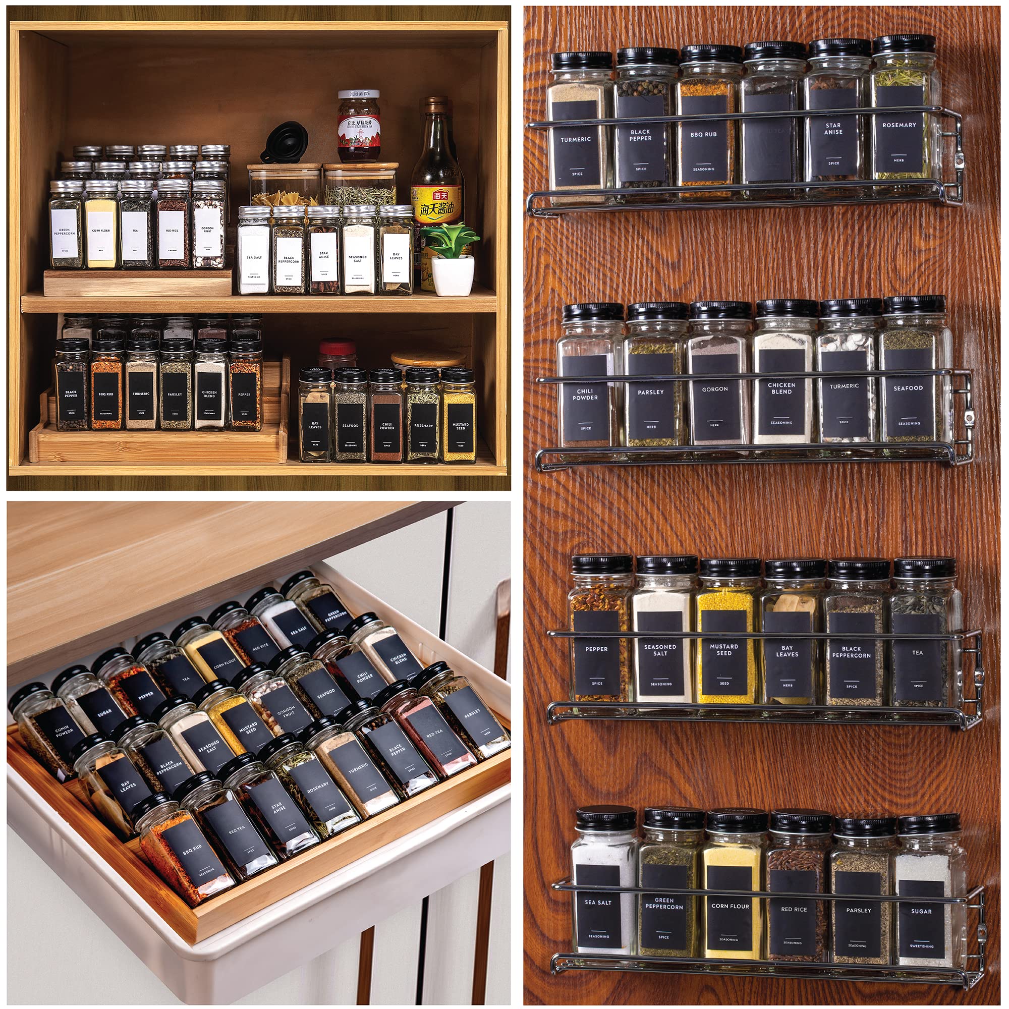 Laramaid 4oz 24Pack Spice Jars with 455 Black Vinyl Spice Labels, Shaker Lids Dispenser with Airtight Black Metal Caps, Cleaning Brush and Collapsible Silicone Funnel Complete Set