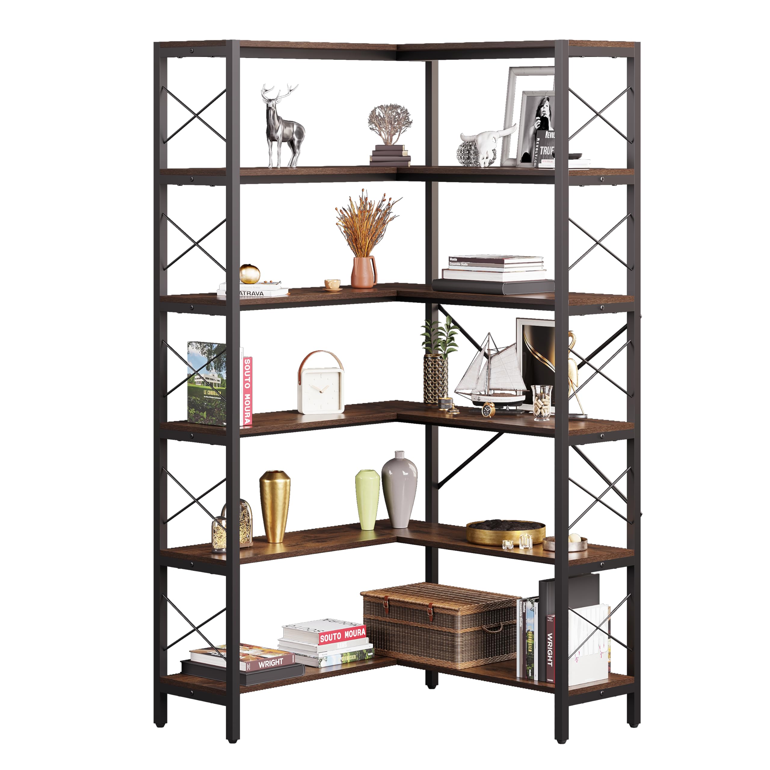 Jartoil Corner Bookshelf 6-Tier, Tall Book Shelf L-Shaped, Large Etagere Bookcase Industrial Style with Metal Frame for Home Office Shelves