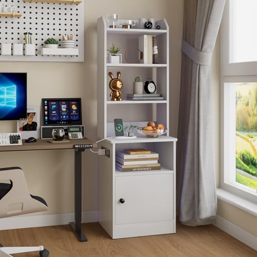 Aufvolr 6 Tier Bookshelf with Cabinet,Tall Night Stand with Charging Atation, Wood Book Shelf Storage Organizer, Modern Display Standing Shelf Unit for Bedroom, Living Room, Office (White)