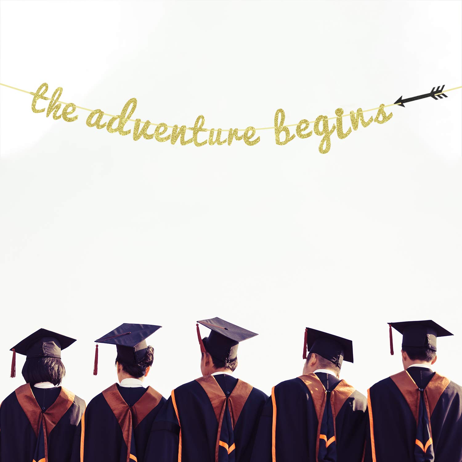 Glitter The Adventure Begins Banner - 2022 Graduation Decor, Retirement Bridal Shower Engagement Party Decoration Supplies Gold