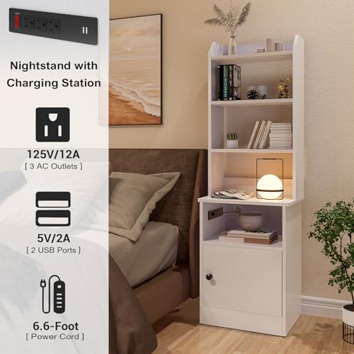 Aufvolr 6 Tier Bookshelf with Cabinet,Tall Night Stand with Charging Atation, Wood Book Shelf Storage Organizer, Modern Display Standing Shelf Unit for Bedroom, Living Room, Office (White)