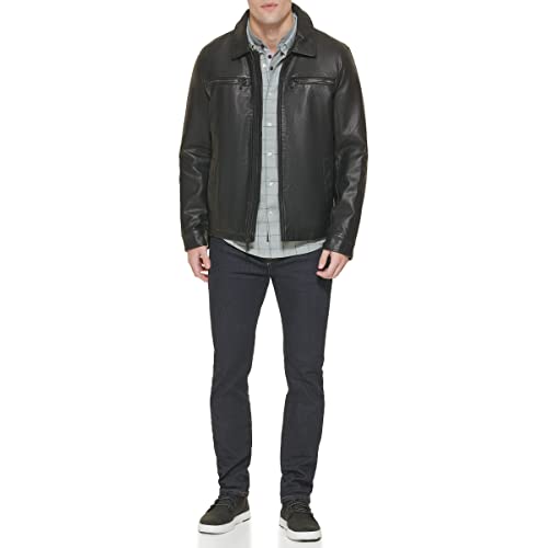 Dockers Men's James Faux Leather Jacket, Black w. Chest Zip, Large