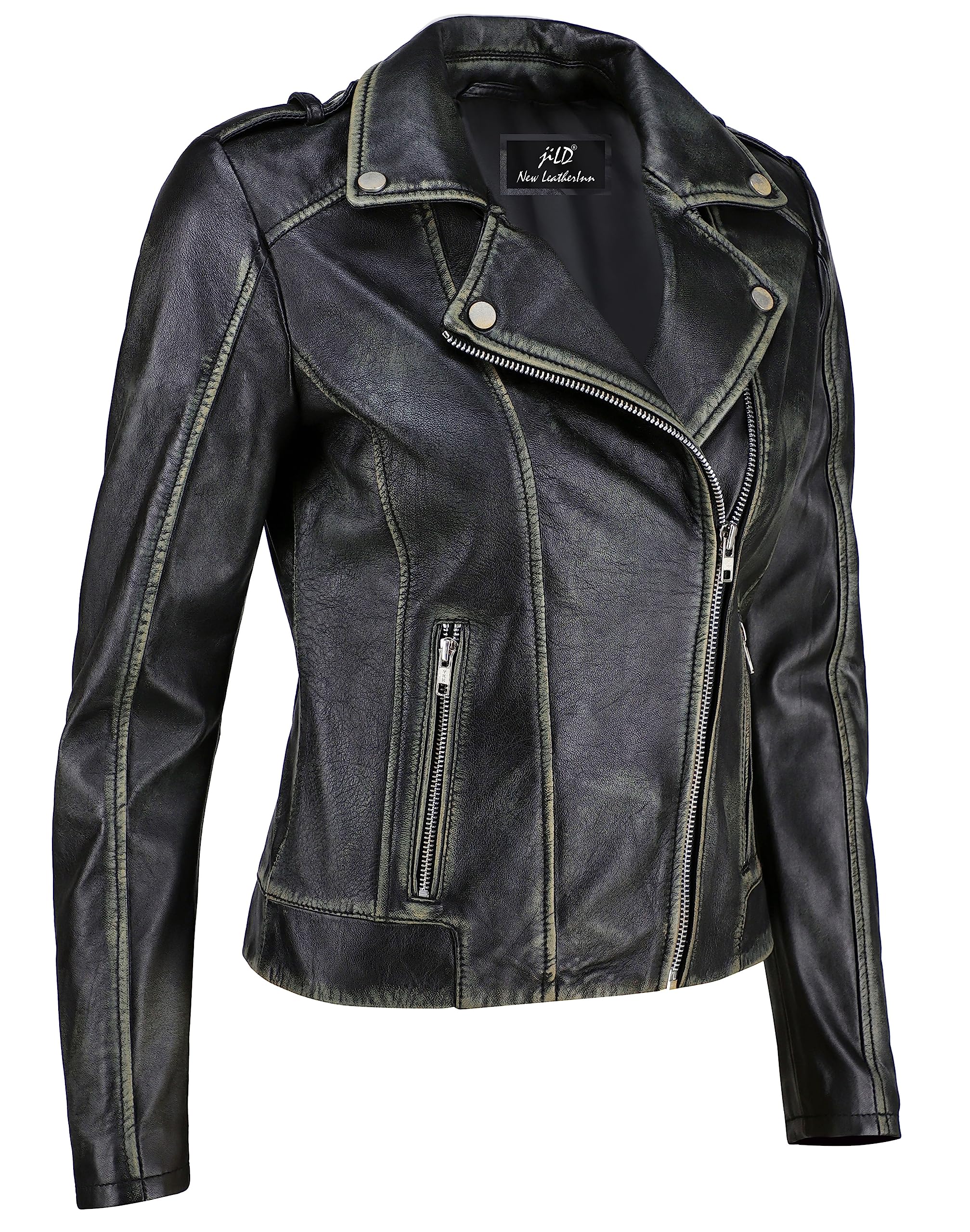 Jild Biker Style Vintage Leather Jacket Women - Casual Fashion Motorcycle Zip-Up Lightweight Coat Collar Women Leather Jacket (Distressed-M)