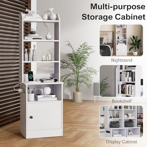 Aufvolr 6 Tier Bookshelf with Cabinet,Tall Night Stand with Charging Atation, Wood Book Shelf Storage Organizer, Modern Display Standing Shelf Unit for Bedroom, Living Room, Office (White)