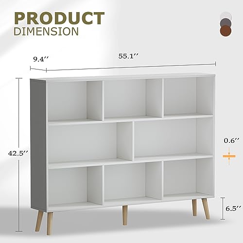 DIFY Wooden Bookcase 8 Cube Open Bookcase with Legs, 55.1" Display Bookshelves Storage Organizer Shelf for Living Room, Home Office and Bedroom, White