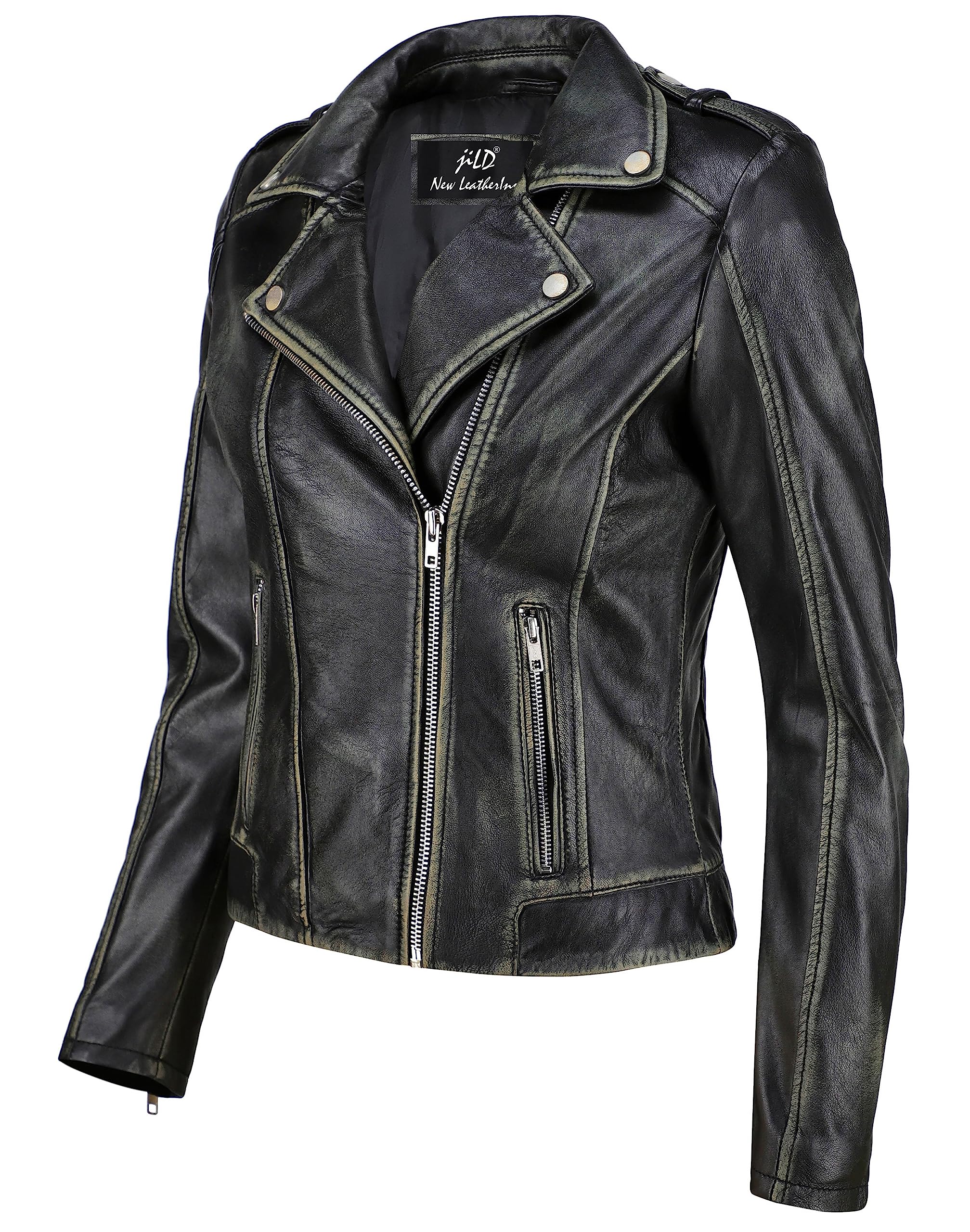 Jild Biker Style Vintage Leather Jacket Women - Casual Fashion Motorcycle Zip-Up Lightweight Coat Collar Women Leather Jacket (Distressed-M)