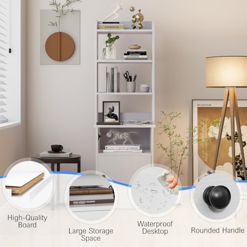 Aufvolr 6 Tier Bookshelf with Cabinet,Tall Night Stand with Charging Atation, Wood Book Shelf Storage Organizer, Modern Display Standing Shelf Unit for Bedroom, Living Room, Office (White)