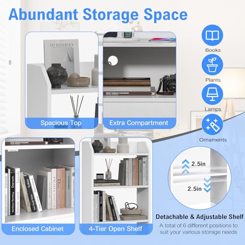 Aufvolr 6 Tier Bookshelf with Cabinet,Tall Night Stand with Charging Atation, Wood Book Shelf Storage Organizer, Modern Display Standing Shelf Unit for Bedroom, Living Room, Office (White)